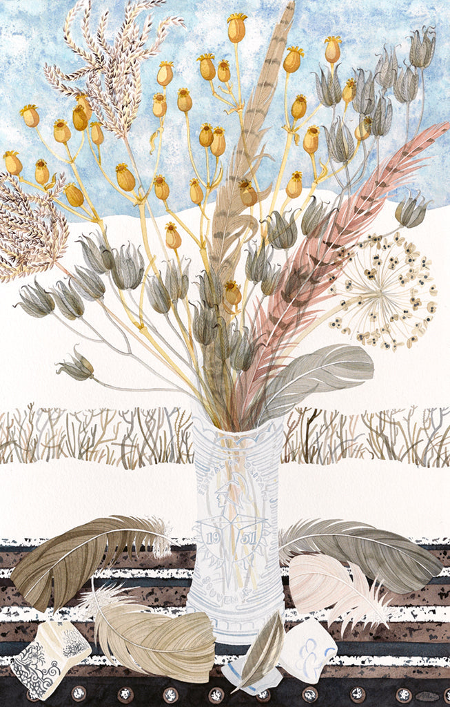 Campion and Columbine Seedheads with Spey Feathers | Angie Lewin